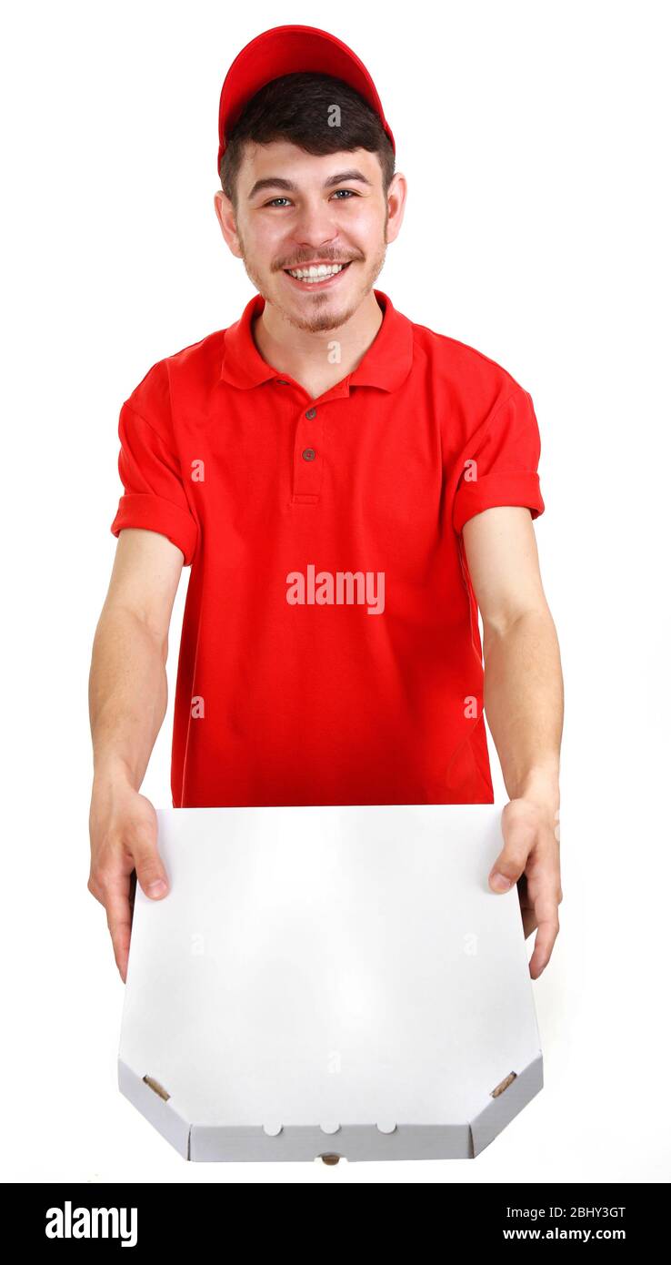 Delivery boy with cardboard pizza box isolated on white Stock Photo - Alamy
