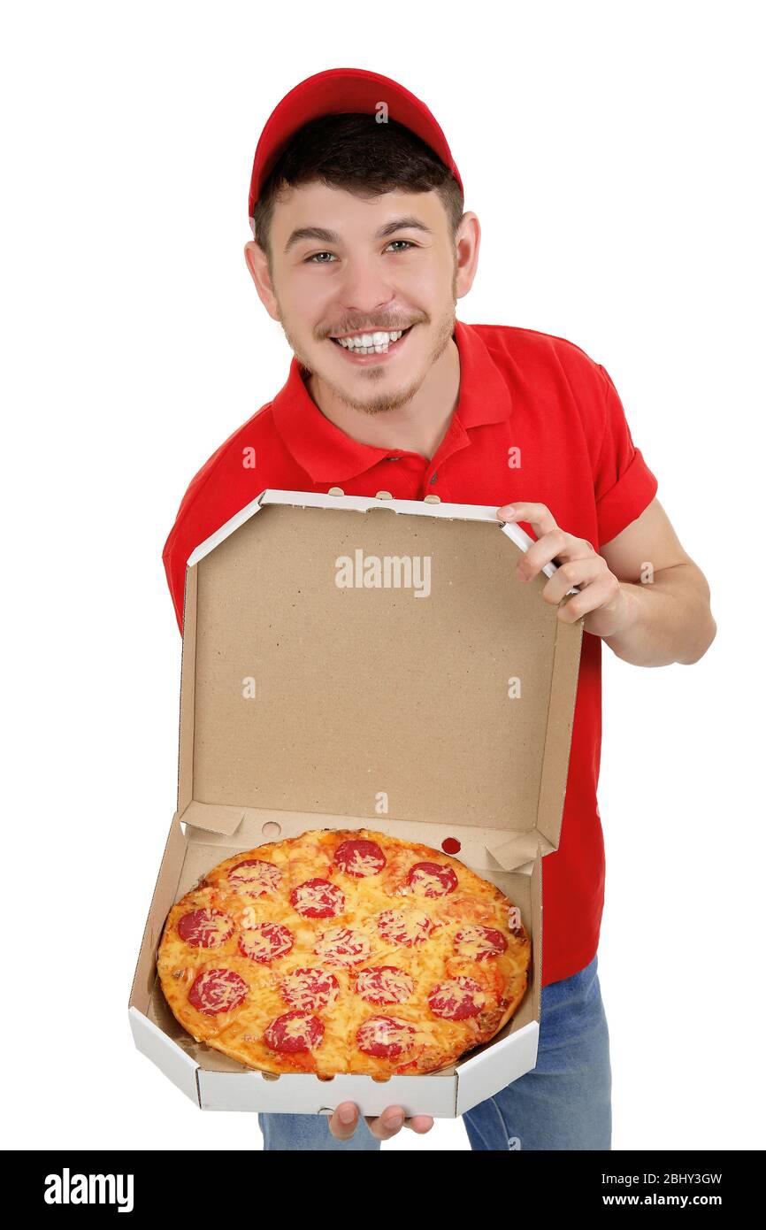 Delivery boy with cardboard pizza box isolated on white Stock Photo - Alamy
