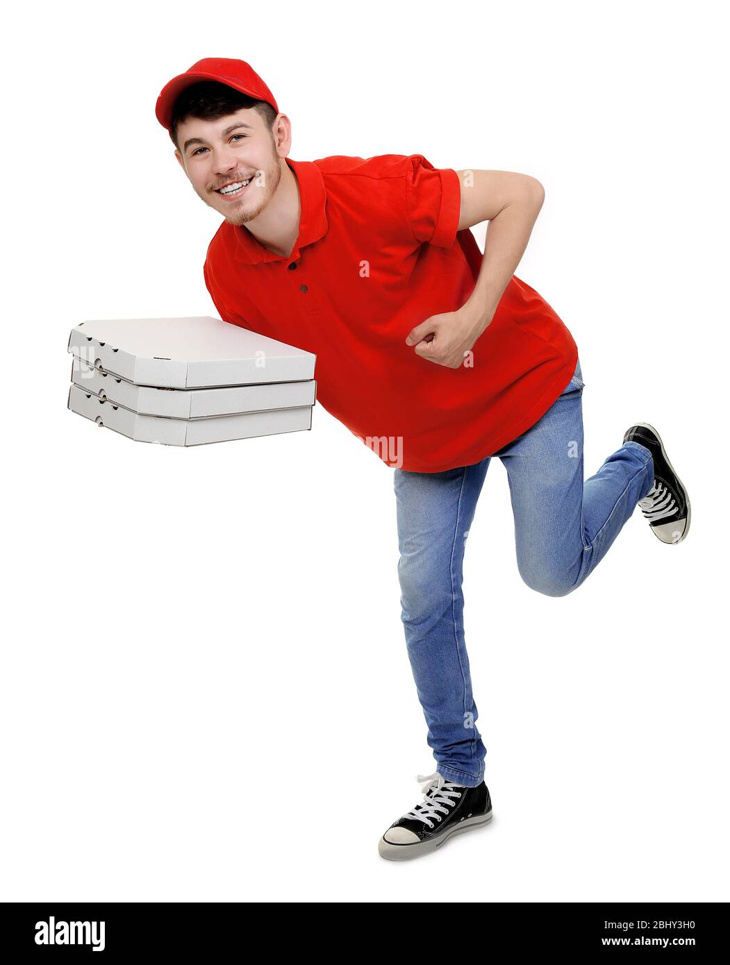 Delivery boy with cardboard pizza box isolated on white Stock Photo - Alamy