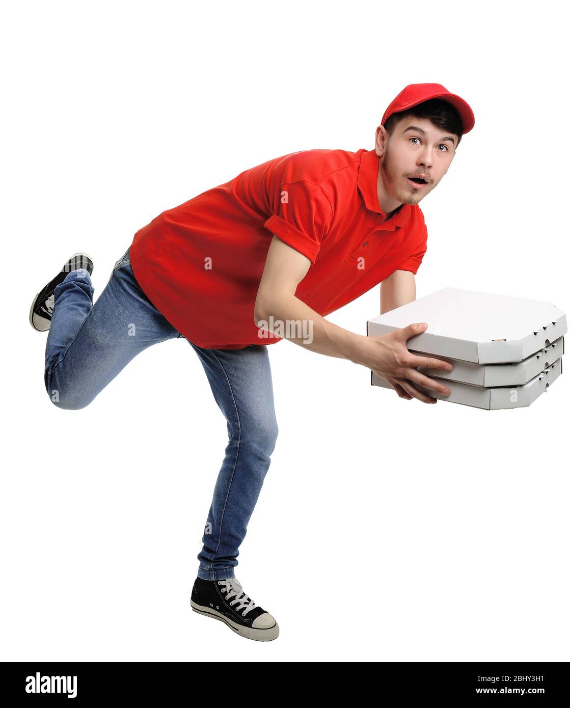 Delivery boy with cardboard pizza box isolated on white Stock Photo - Alamy