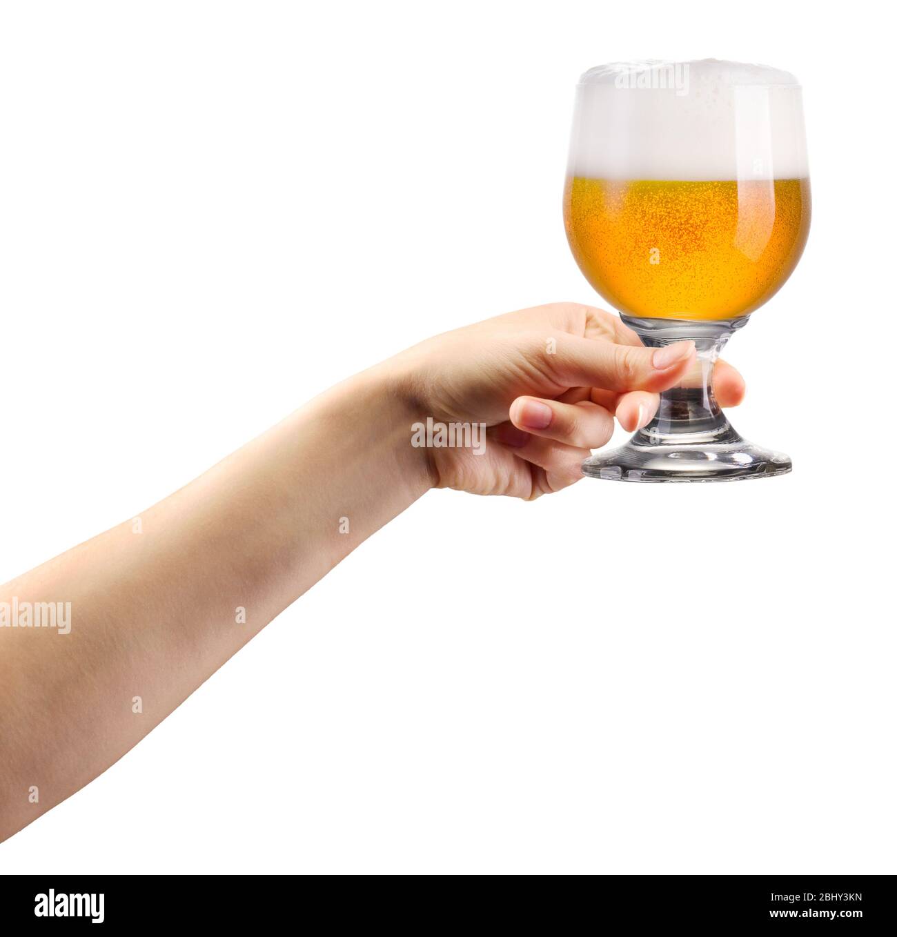 Woman hand holding glass of lager beer isolated on white Stock Photo ...