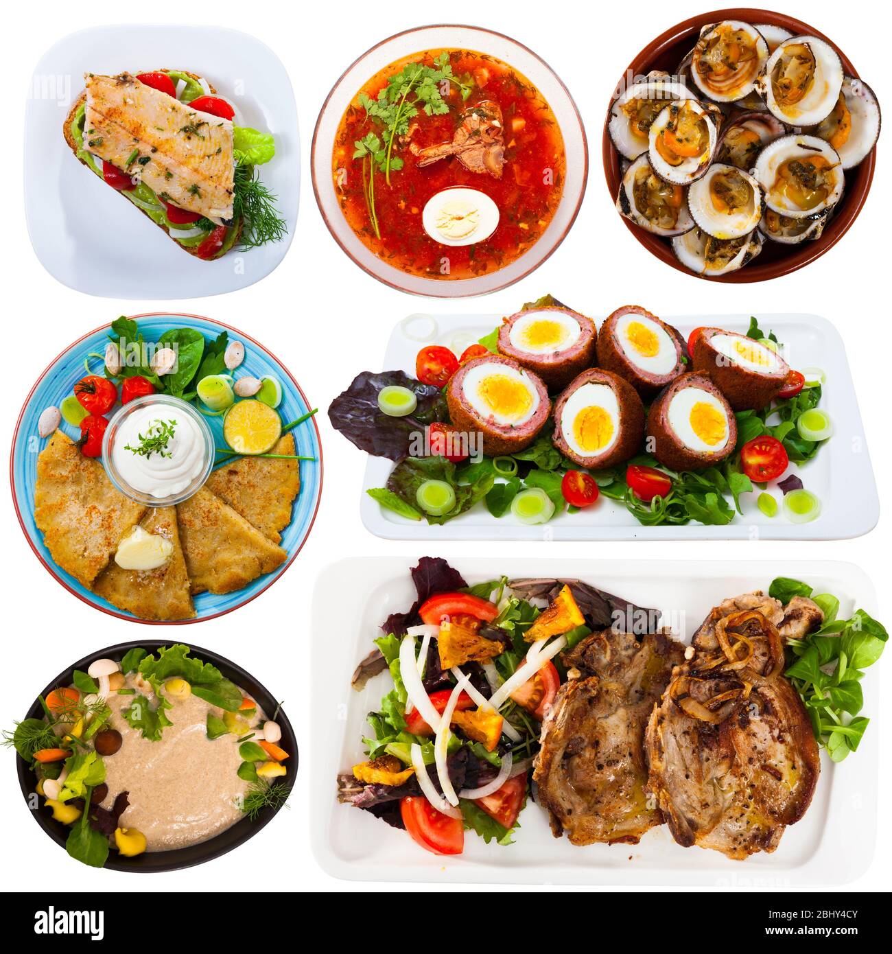 Collage of delicious cooked dishes isolated on white Stock Photo - Alamy