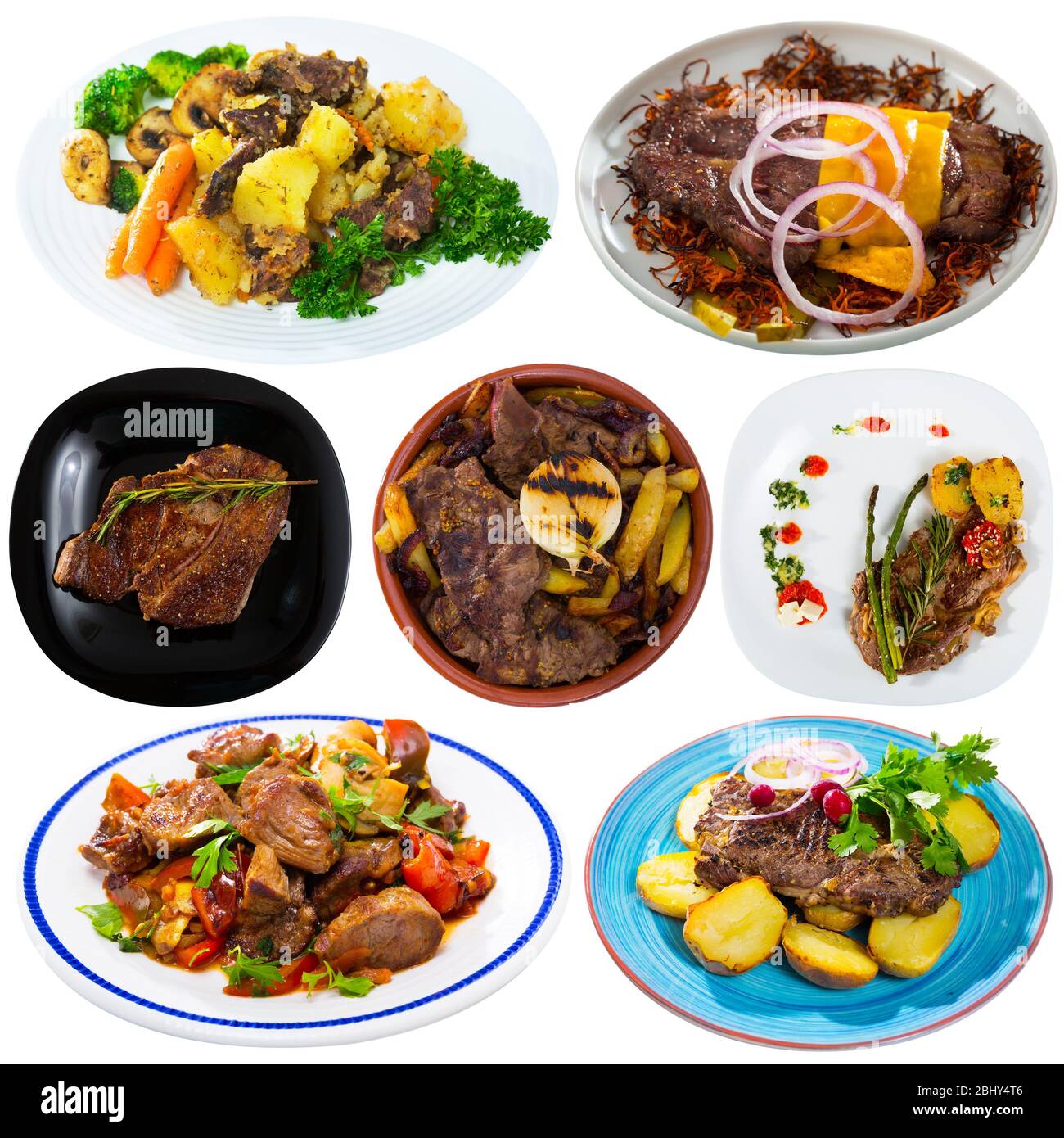 Collage of different dishes from beef and view of raw meat isolated on ...