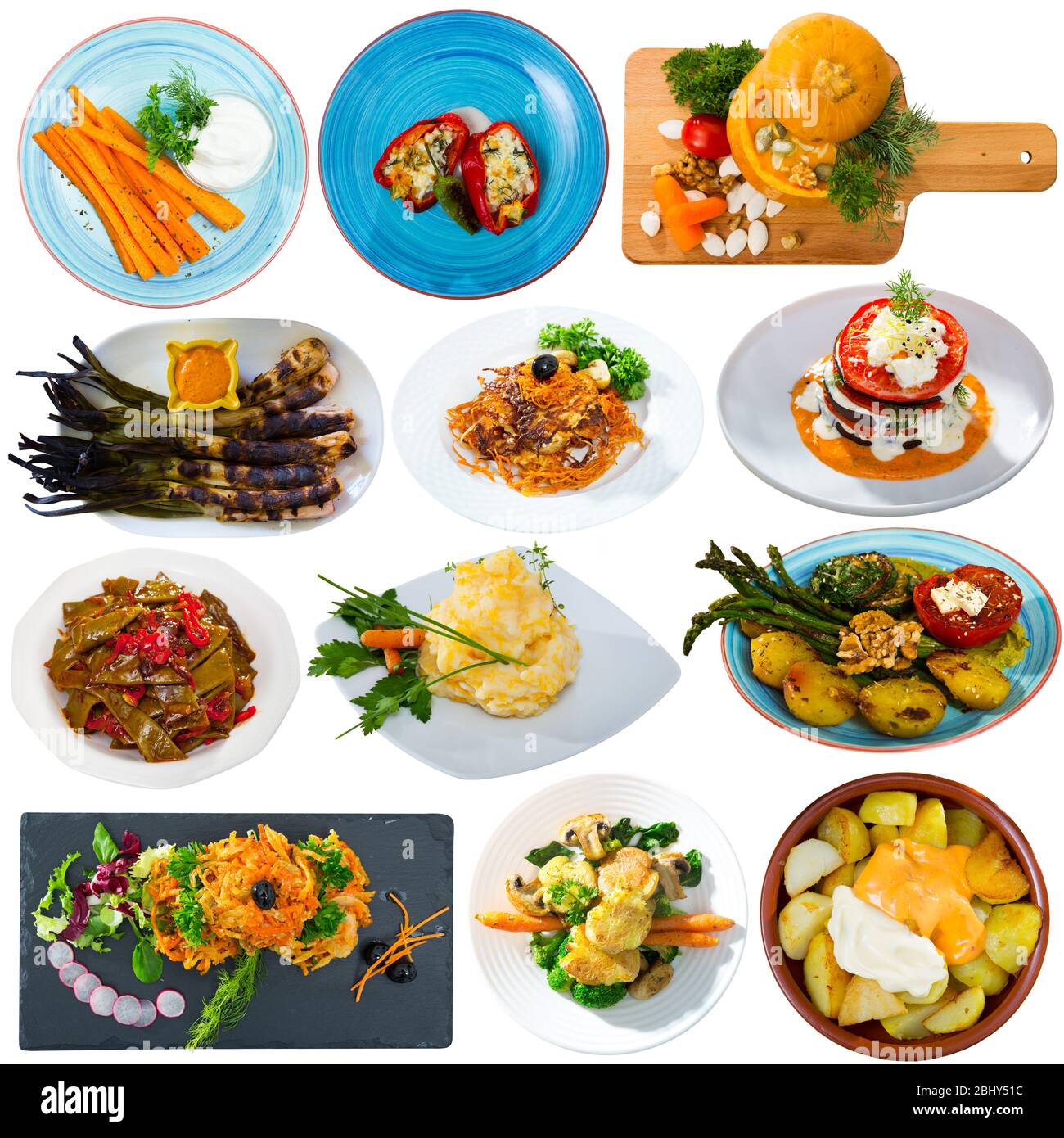 Set of various plates of vegetables isolated on white background Stock ...