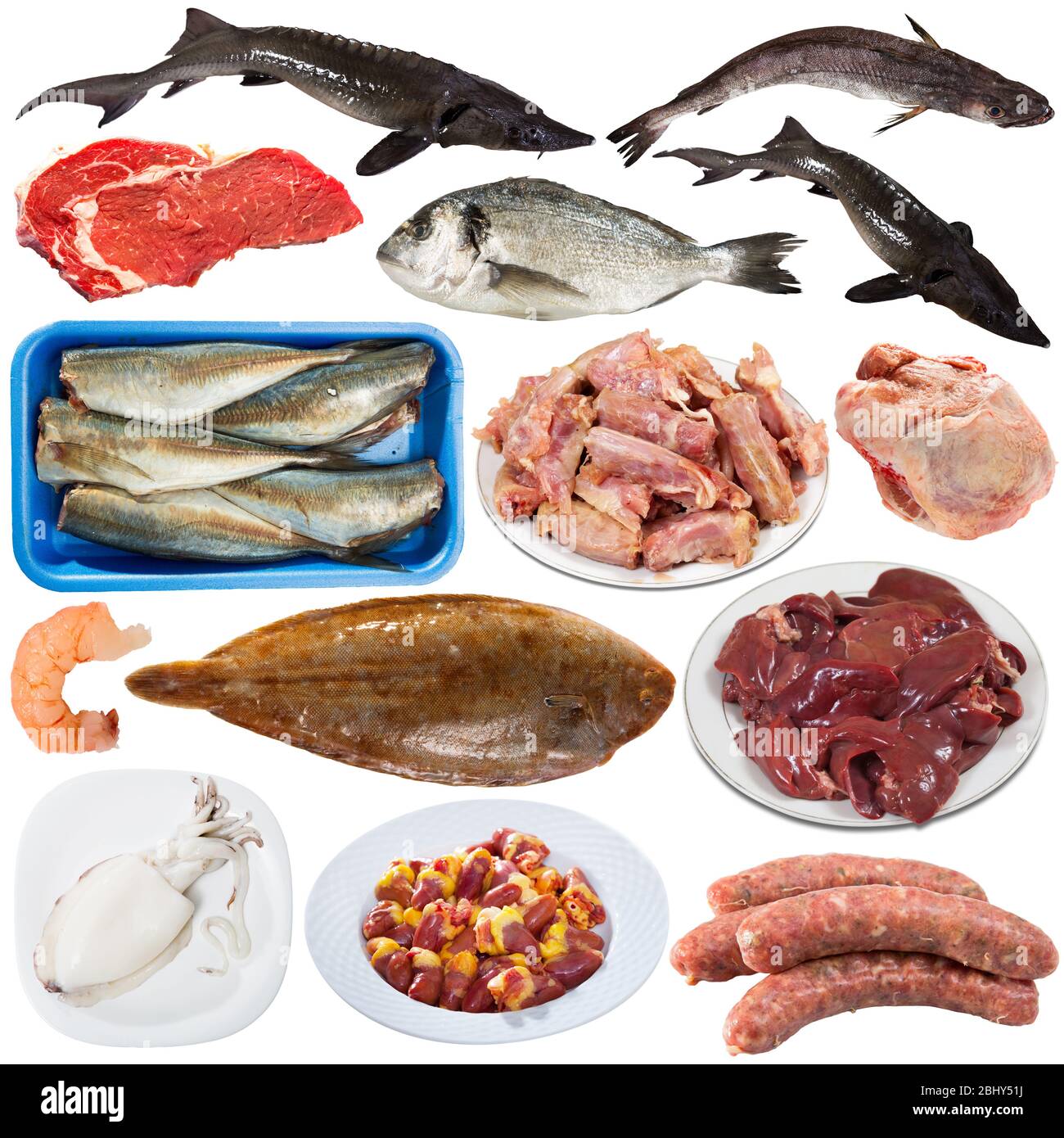 Collage of different raw meat products, fish and seafood isolated on ...