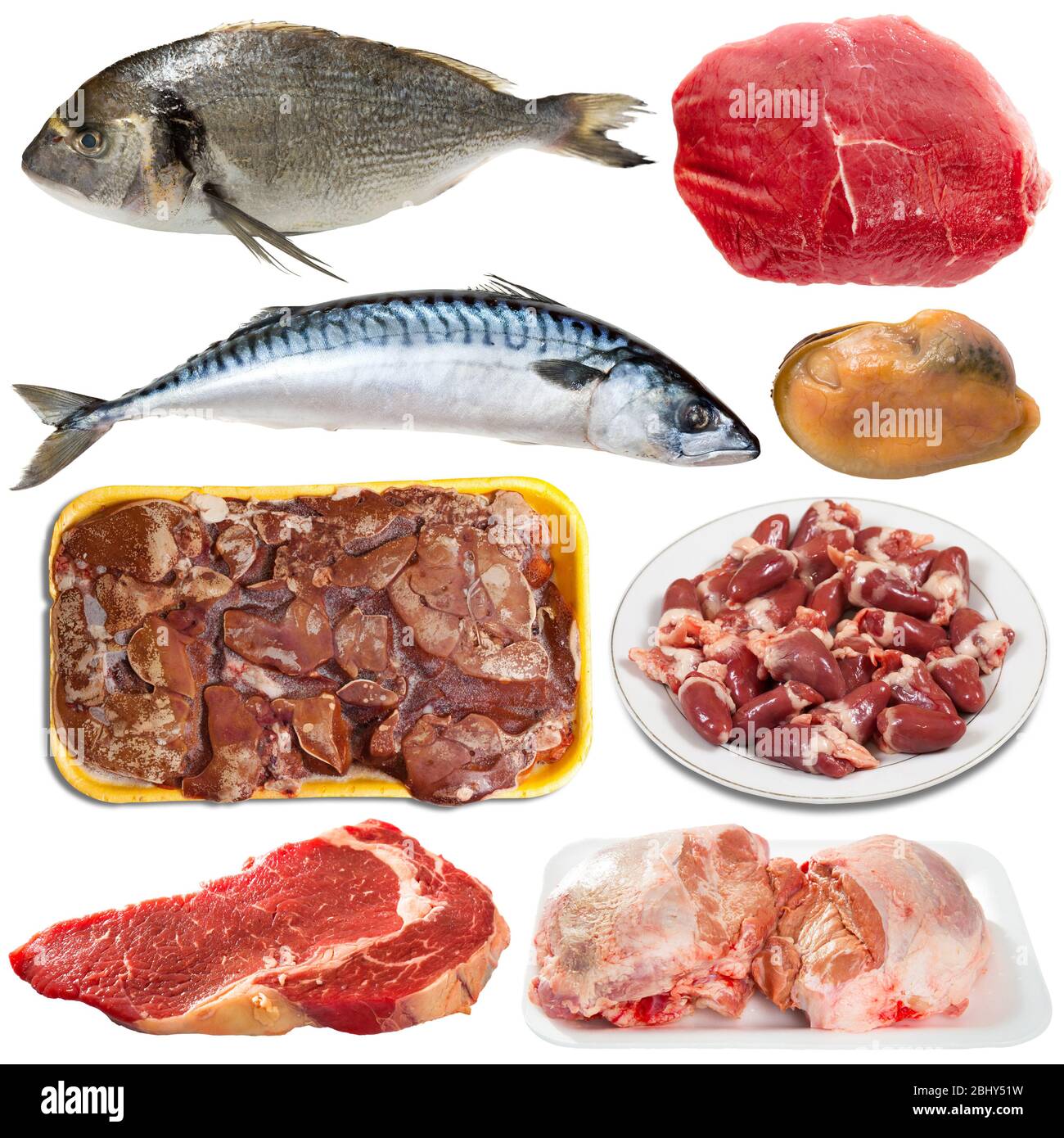 Set of various fresh meat products and seafoods isolated on white ...