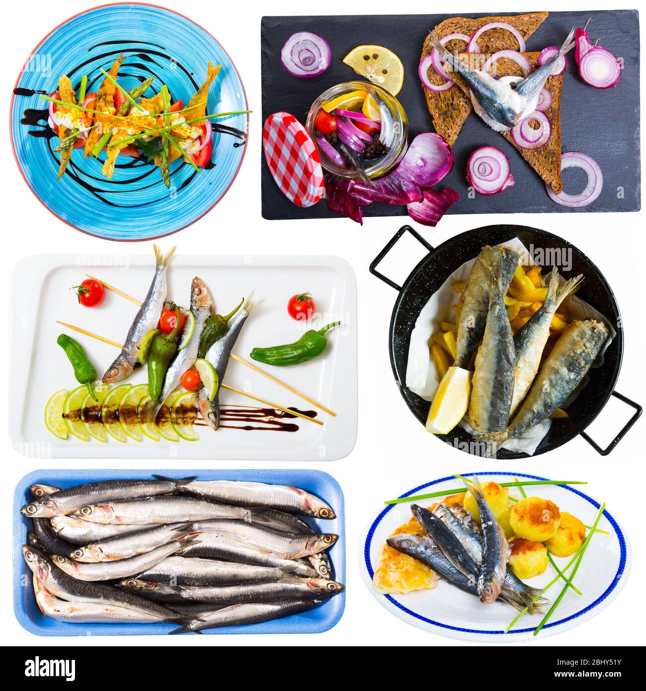 Collage of dishes with different seafood - sprat, hamsa, anchovy ...
