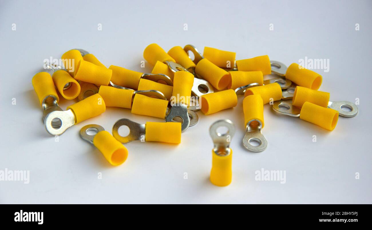 electrical crimp terminal connector. metal terminals isolated on white ...