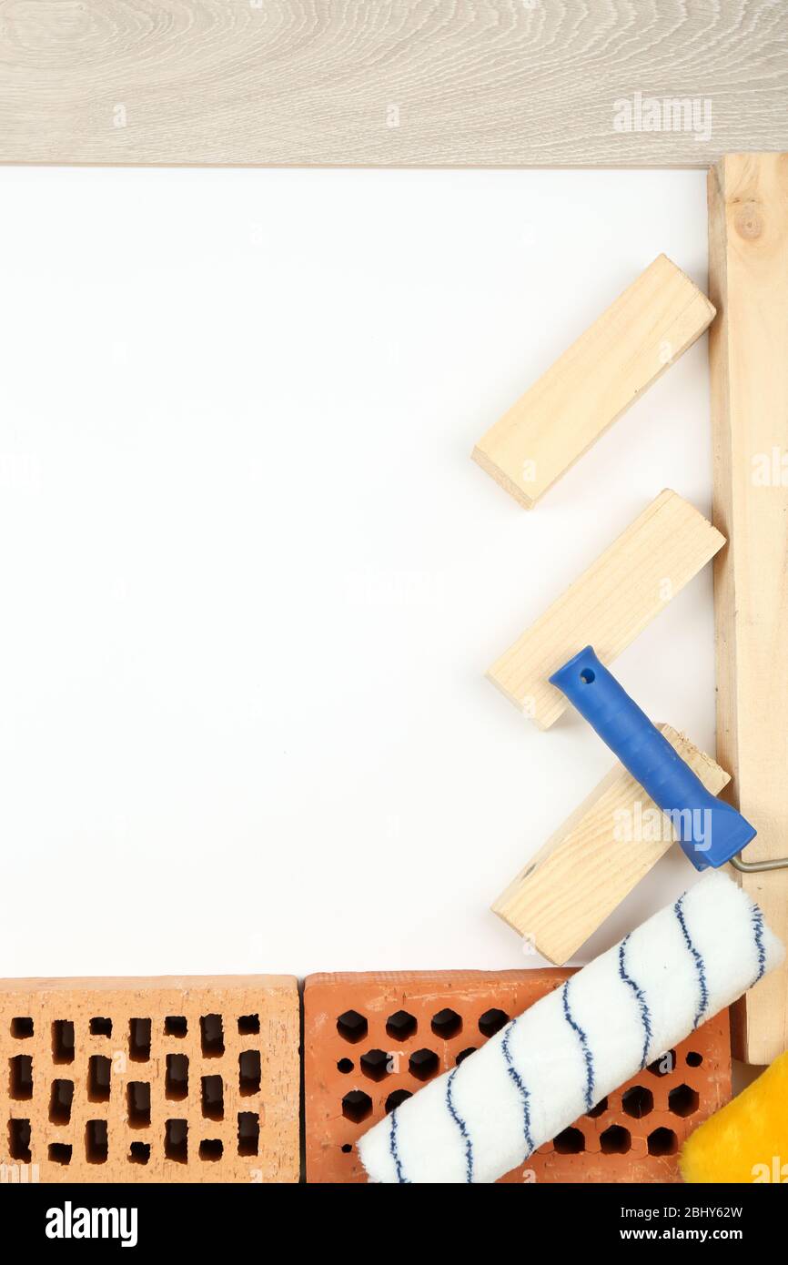 Still life with building tools and materials with space for text Stock ...
