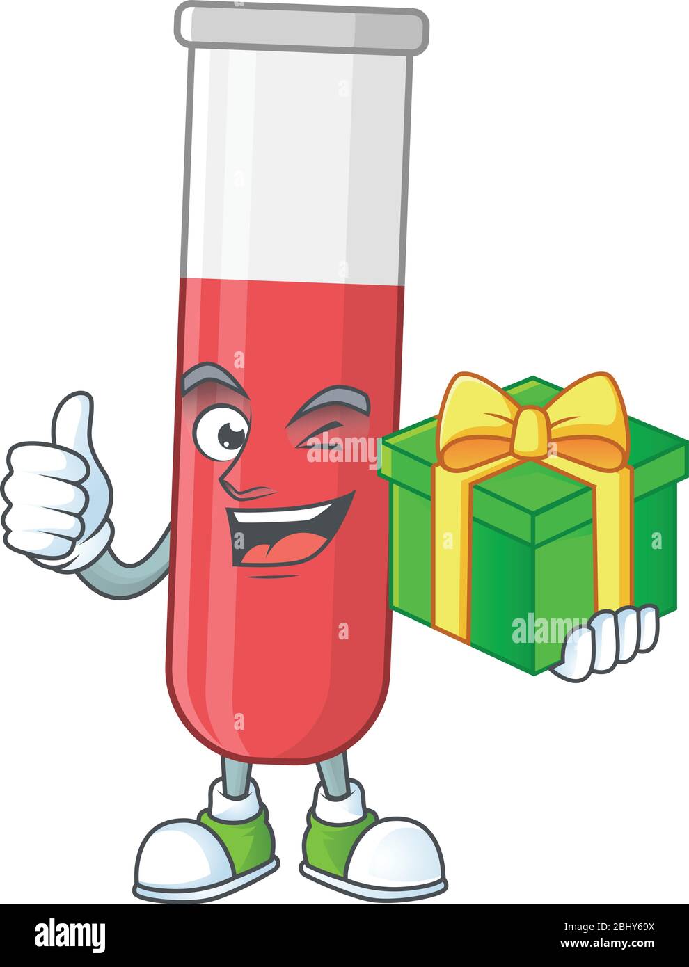 Smiley red test tube cartoon character holding a gift box Stock Vector ...