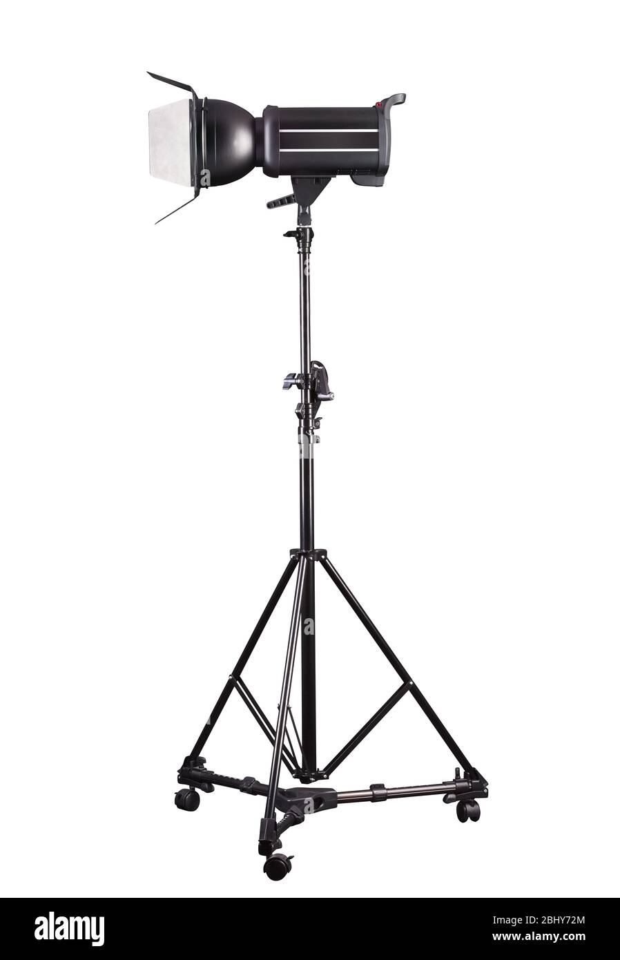 Photography studio flash on a lighting stand isolated on white ...