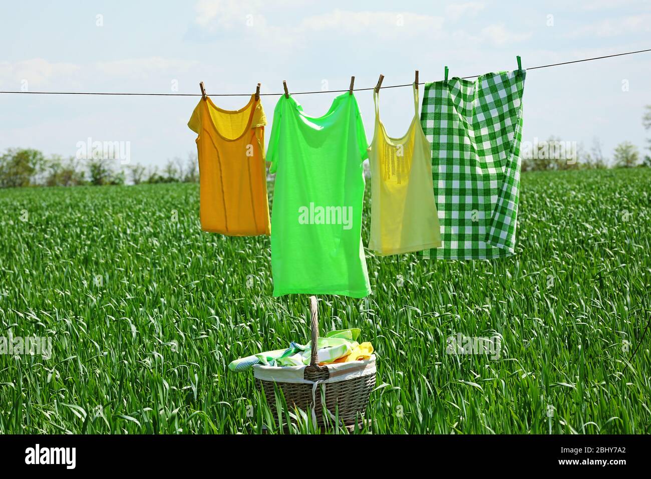 Laundry line with clothes in spring field Stock Photo - Alamy