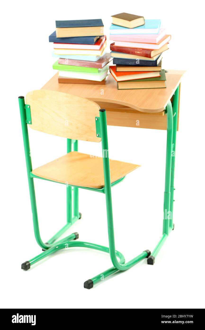Wooden desk with books and chair isolated on white Stock Photo - Alamy