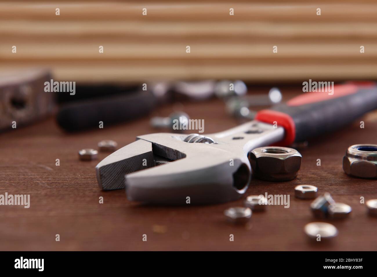 Workplace with construction tools close up Stock Photo - Alamy