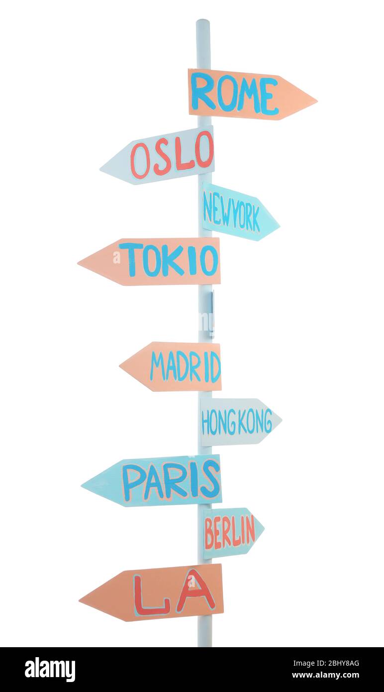 Direction signpost to many different countries isolated on white Stock ...