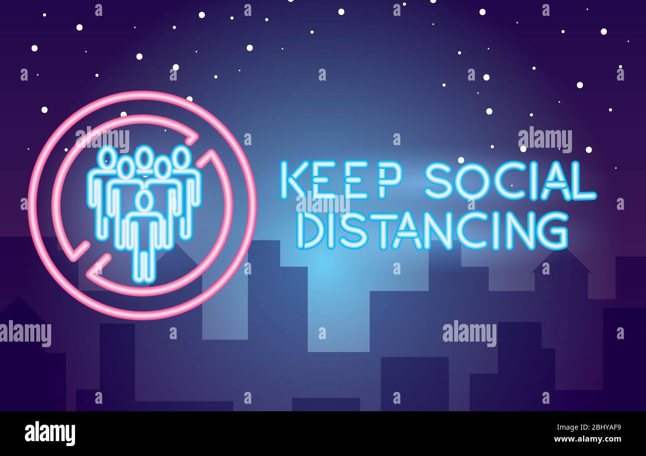 keep social distancing recomendation covid19 neon light Stock Vector ...