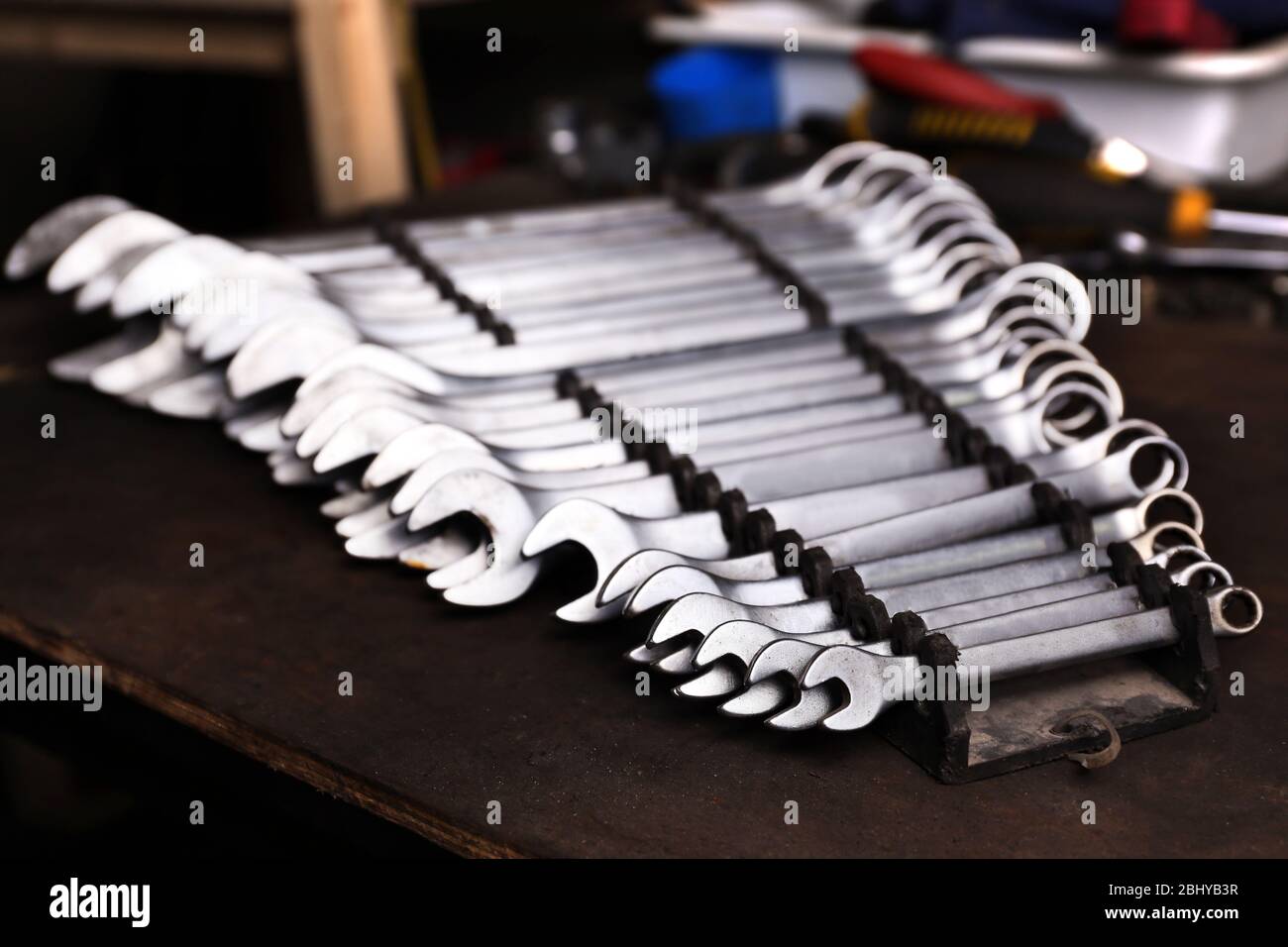 Set of wrenches on table close up Stock Photo - Alamy