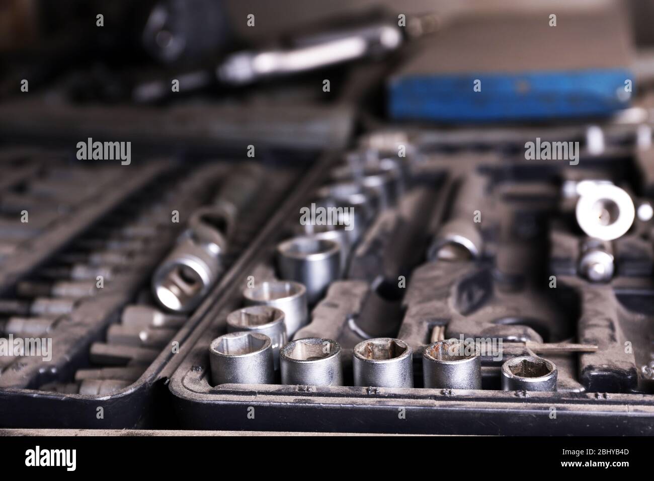 Different tools on workplace in garage Stock Photo - Alamy