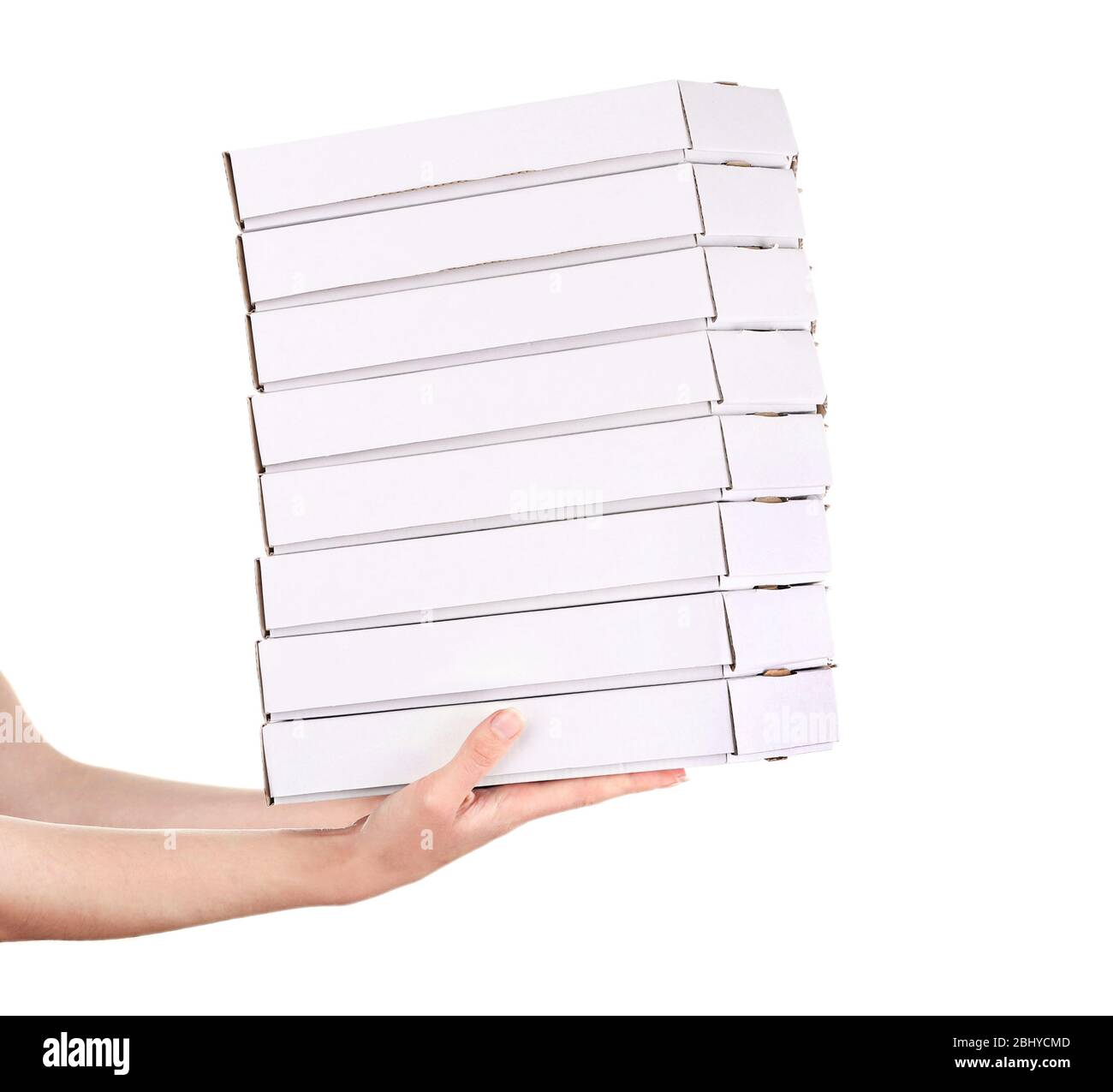 Hands holding pizza boxes isolated on white Stock Photo - Alamy
