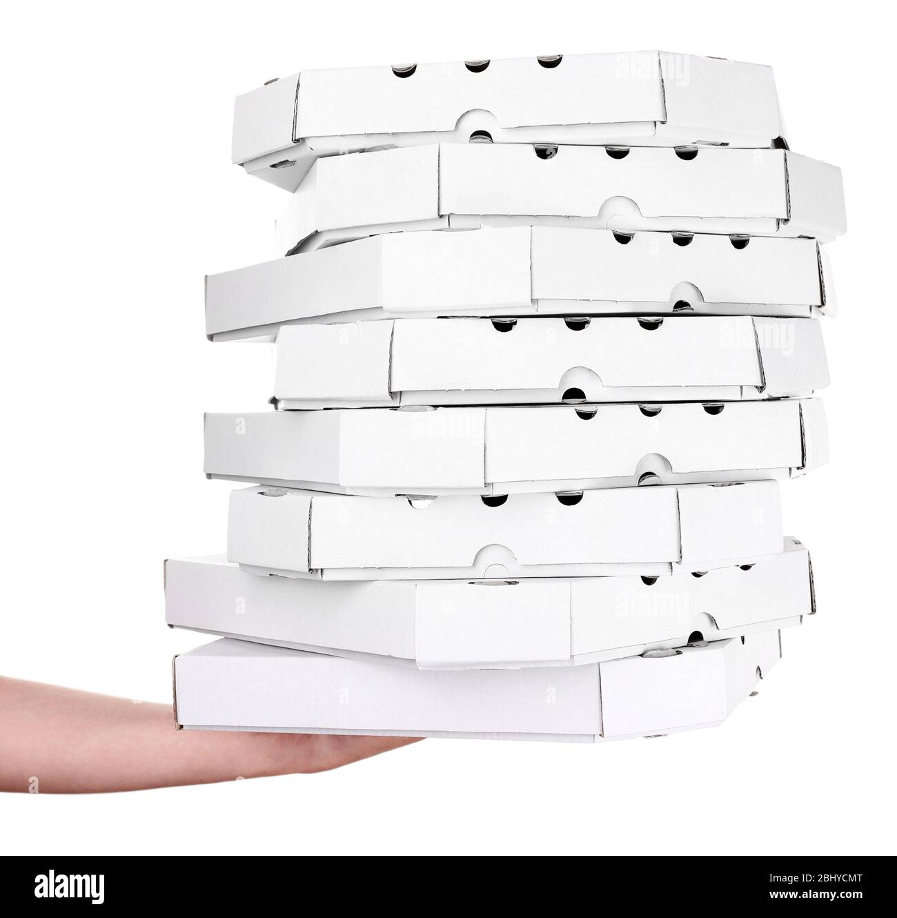Hand holding pizza boxes isolated on white Stock Photo - Alamy