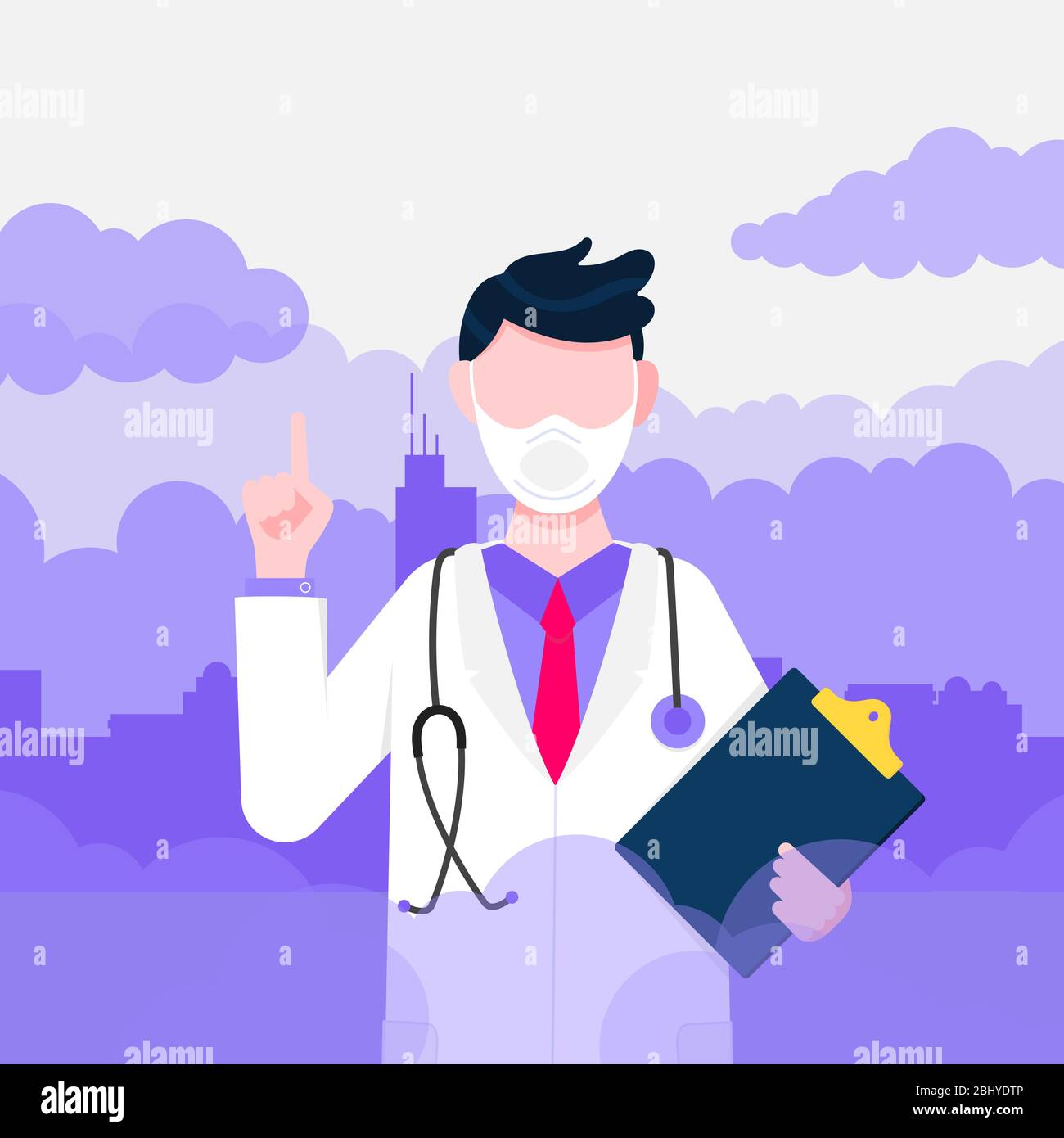 Confused man doctor in mask against smog. Fine dust, air pollution ...
