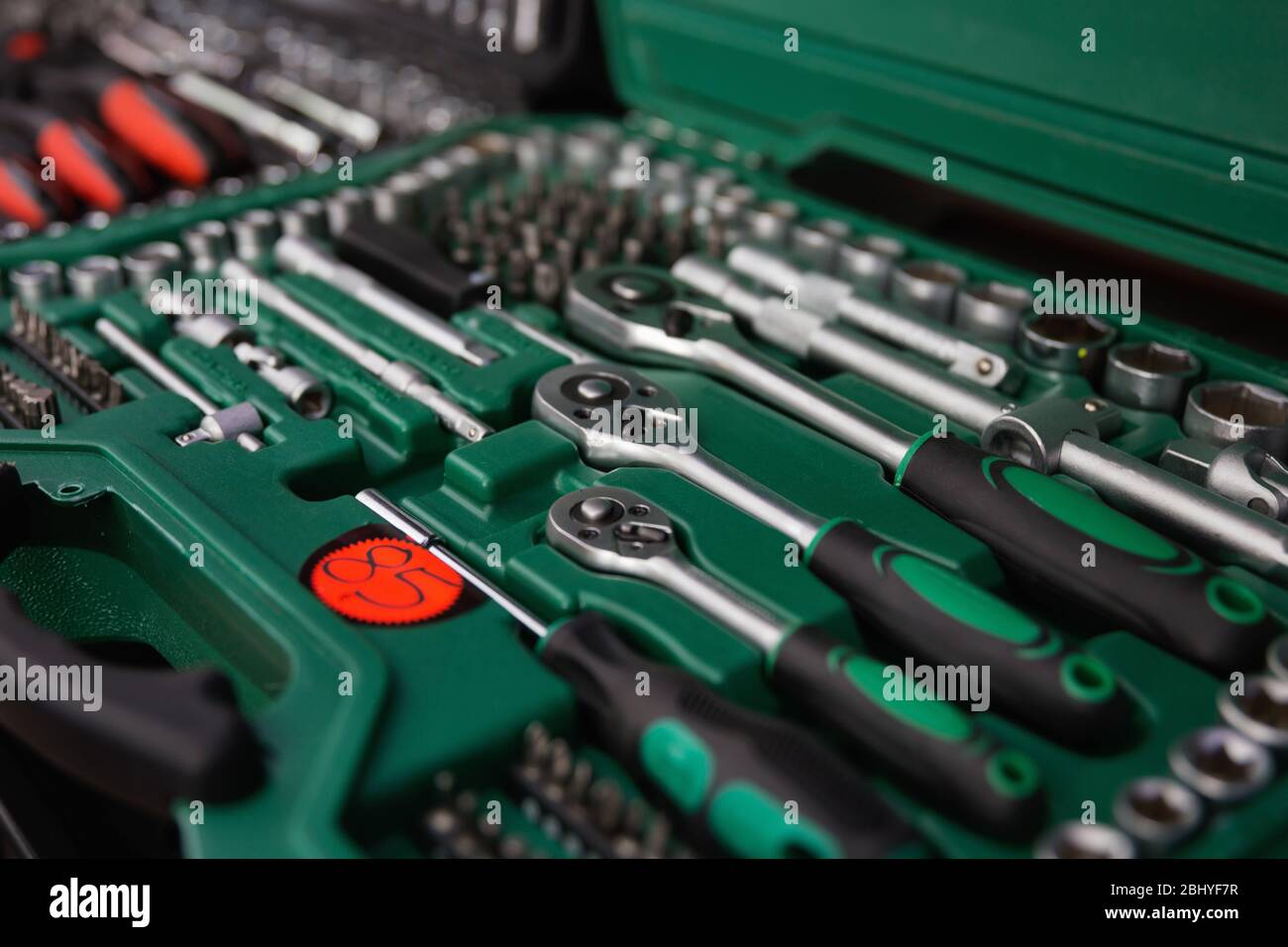 Sockets heads and other tools in the toolkit Stock Photo - Alamy