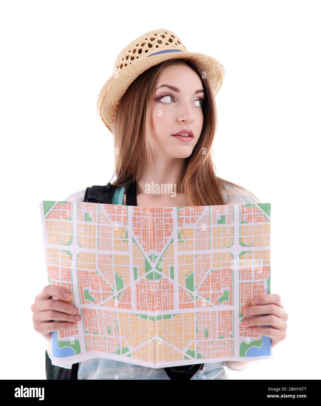 Traveler with map isolated on white Stock Photo - Alamy