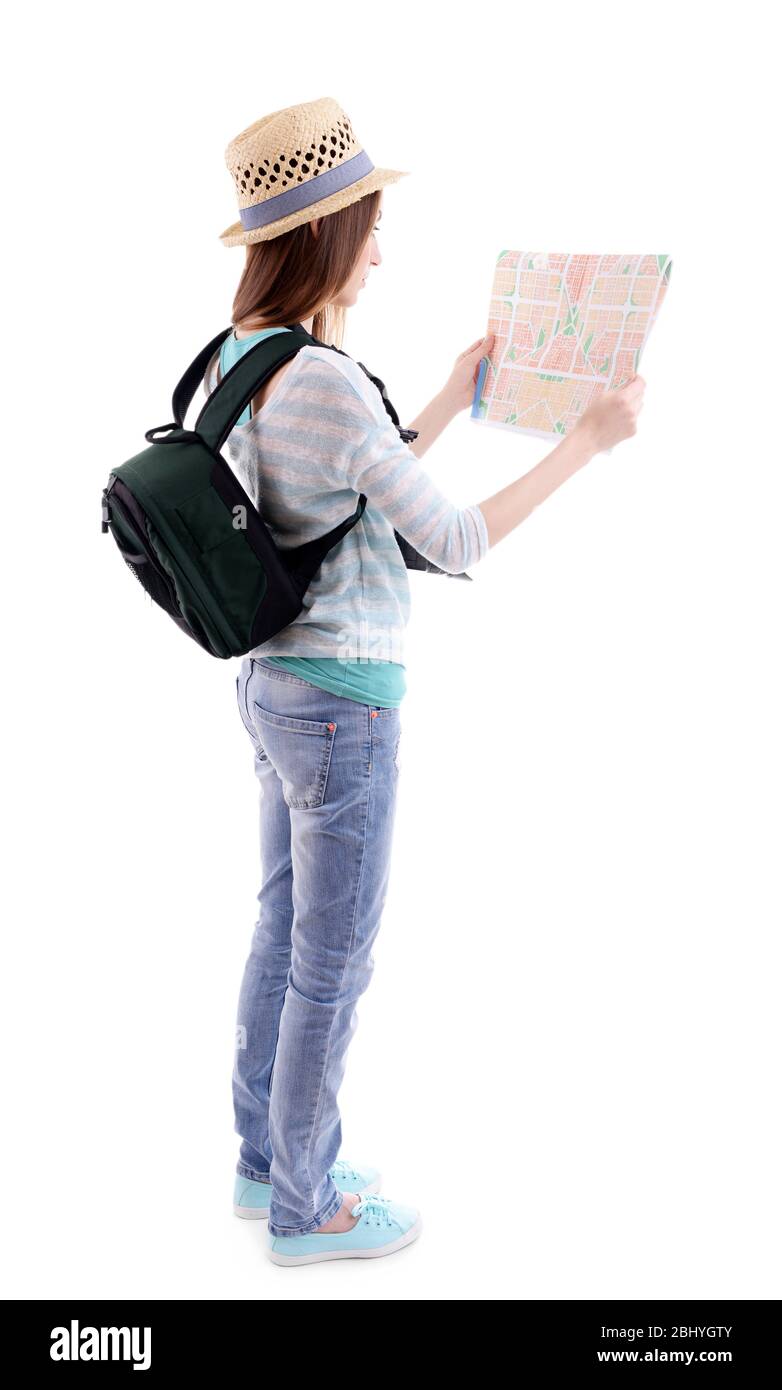 Traveler with map isolated on white Stock Photo - Alamy