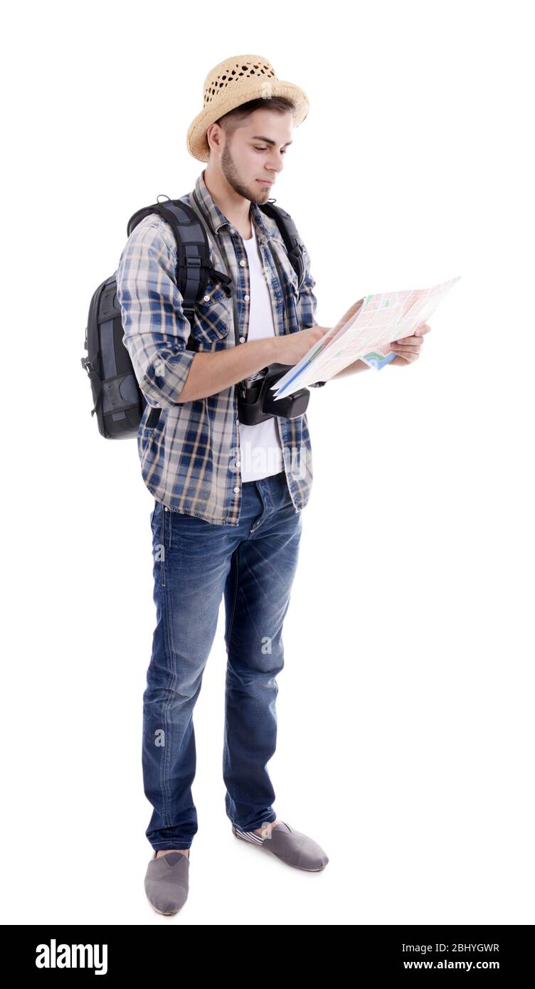 Traveler with map isolated on white Stock Photo - Alamy