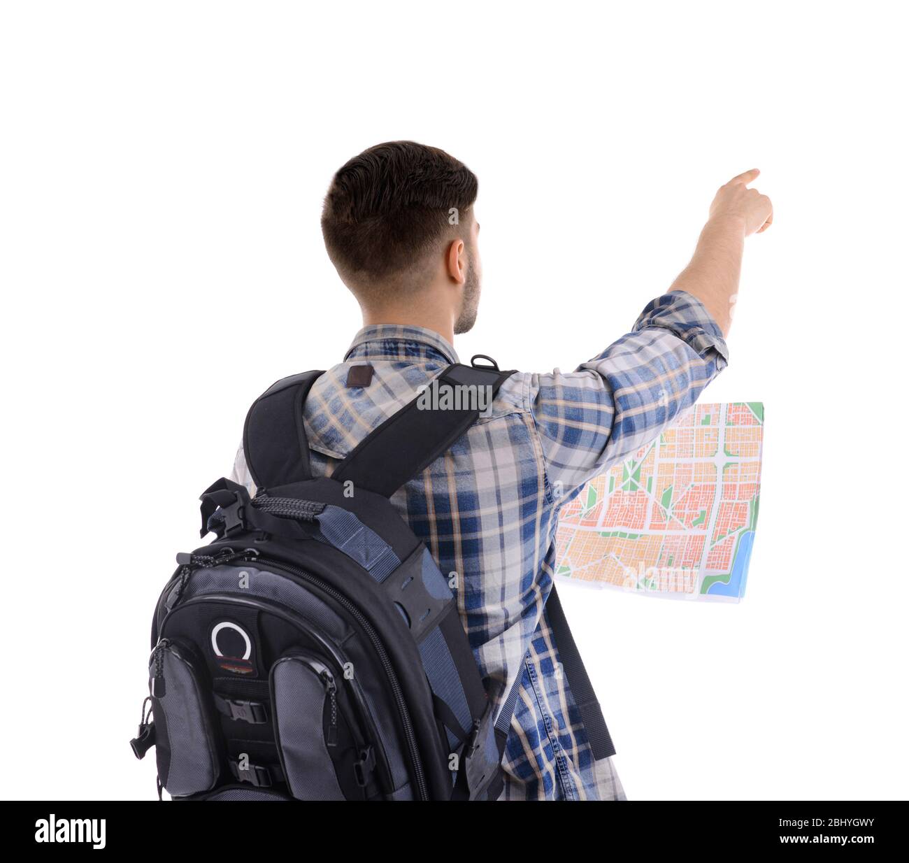 Traveler with world map isolated on white Stock Photo - Alamy