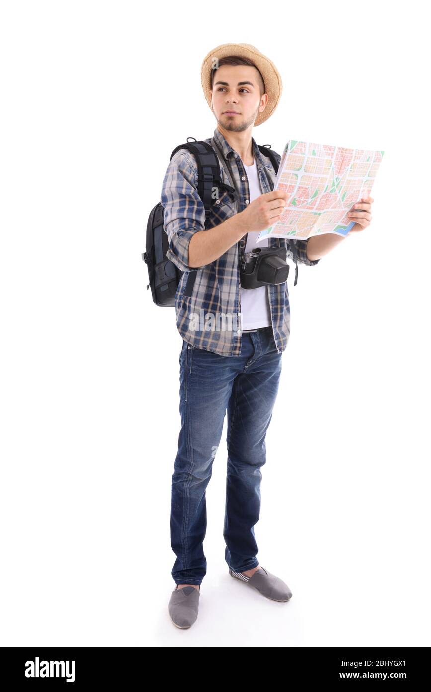 Traveler with map isolated on white Stock Photo - Alamy
