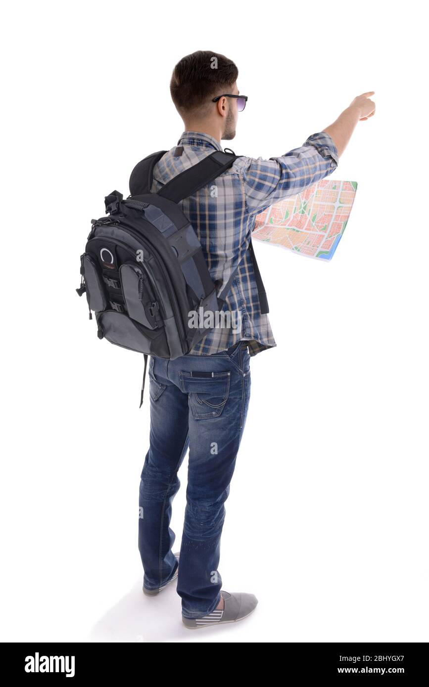 Traveler with world map isolated on white Stock Photo - Alamy