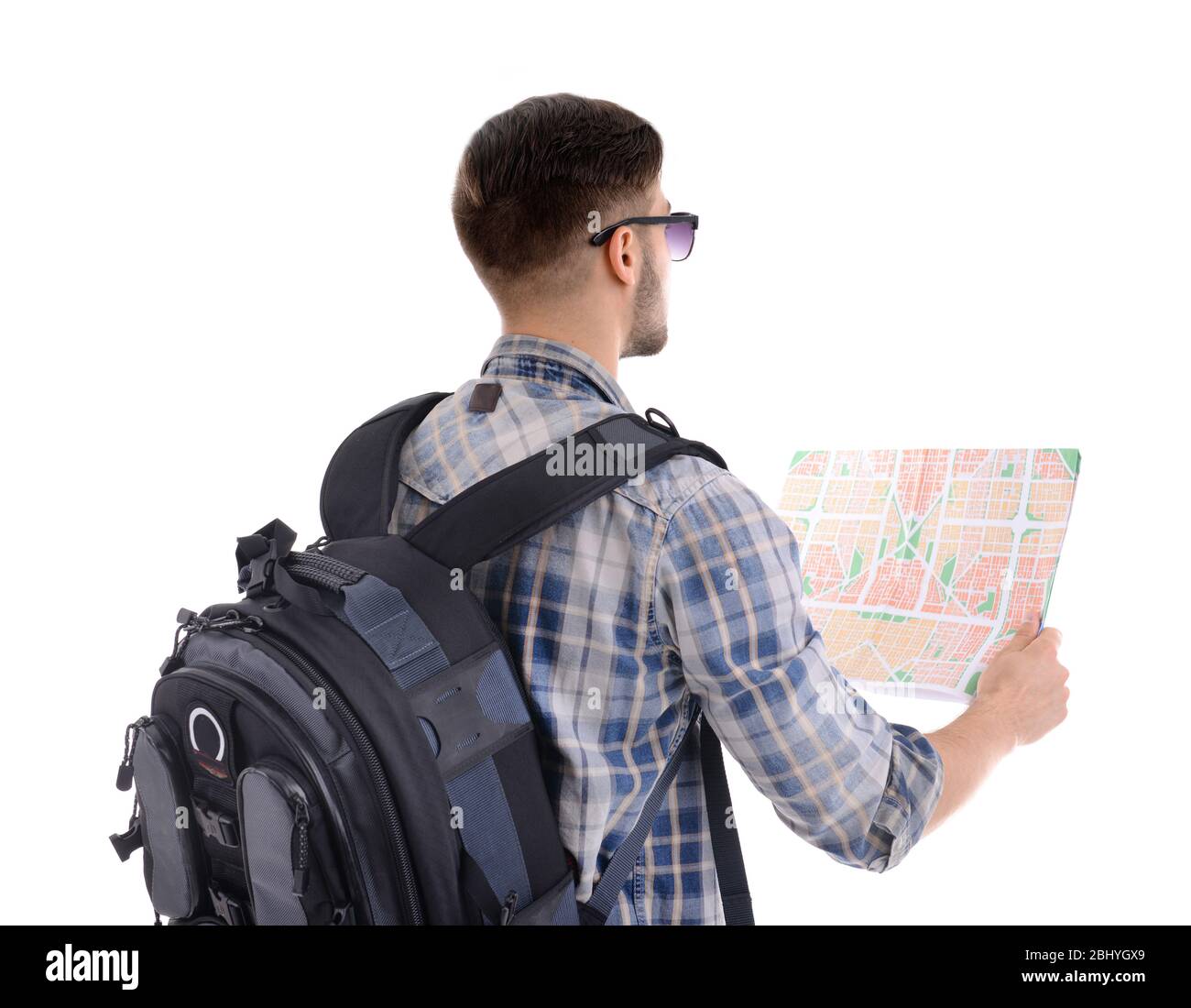 Traveler with world map isolated on white Stock Photo - Alamy