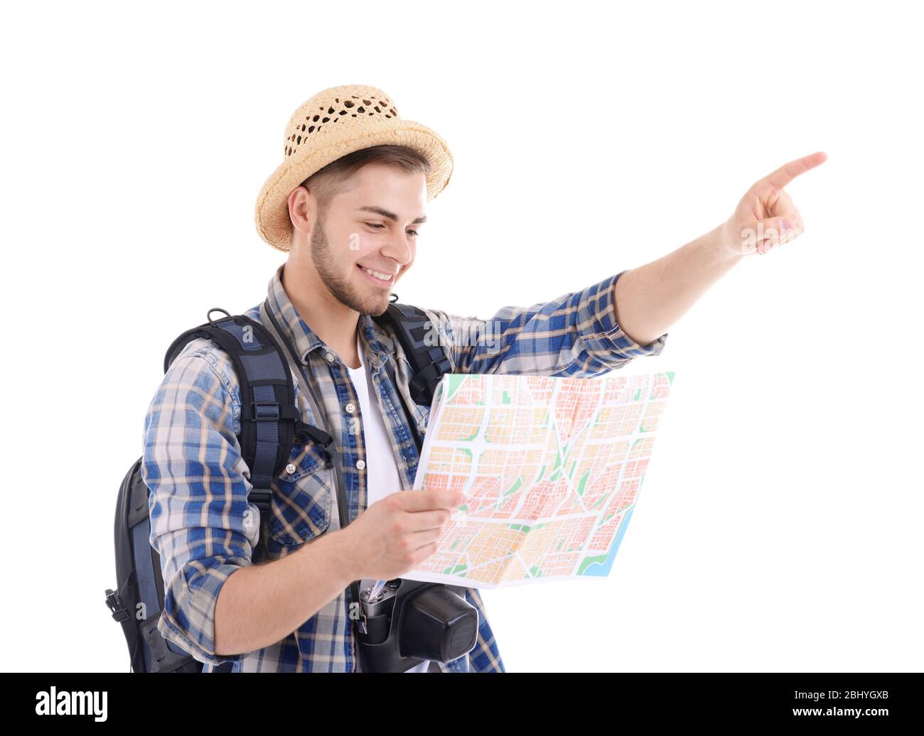 Traveler with map isolated on white Stock Photo - Alamy