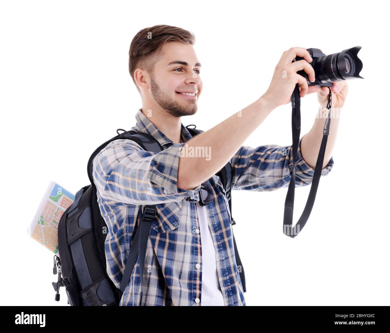 Traveler with camera isolated on white Stock Photo - Alamy
