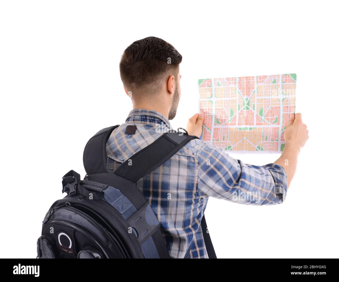 Traveler with world map isolated on white Stock Photo - Alamy