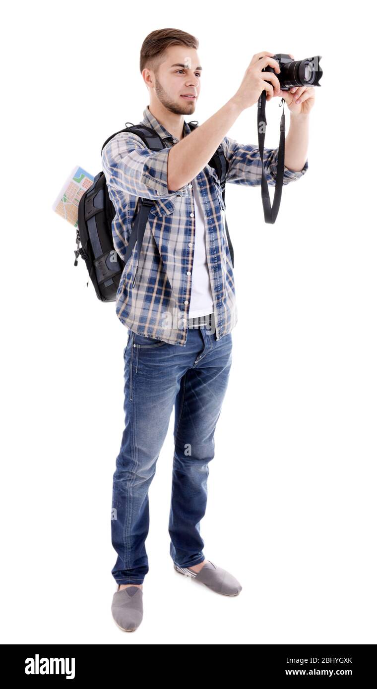 Traveler with camera isolated on white Stock Photo - Alamy