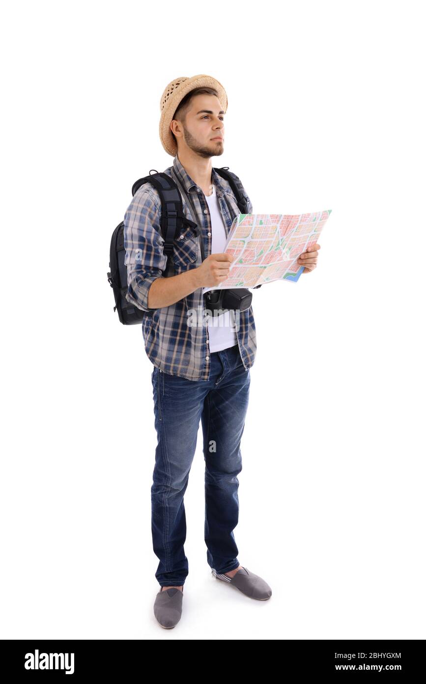Traveler with map isolated on white Stock Photo - Alamy