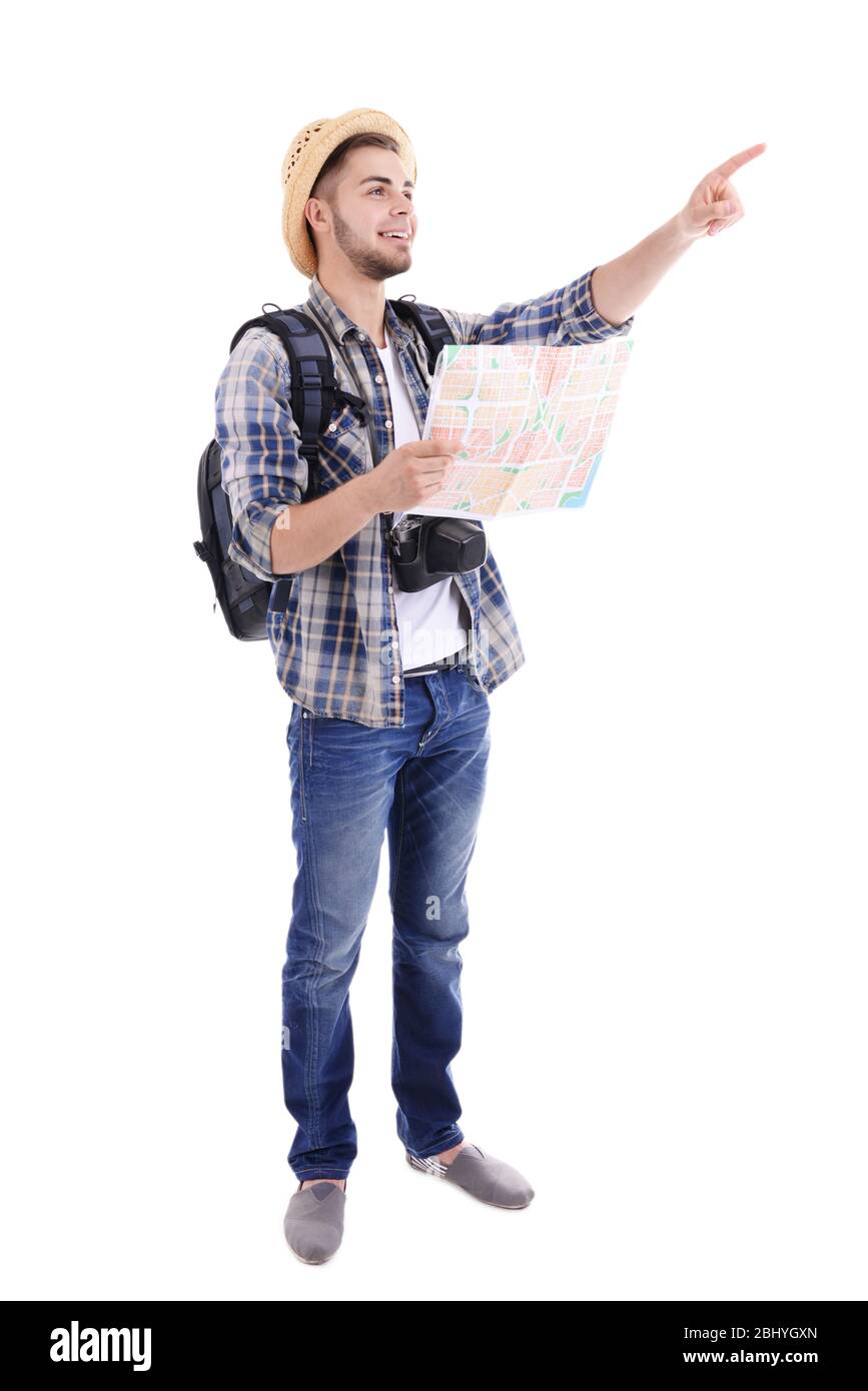Traveler with map isolated on white Stock Photo - Alamy