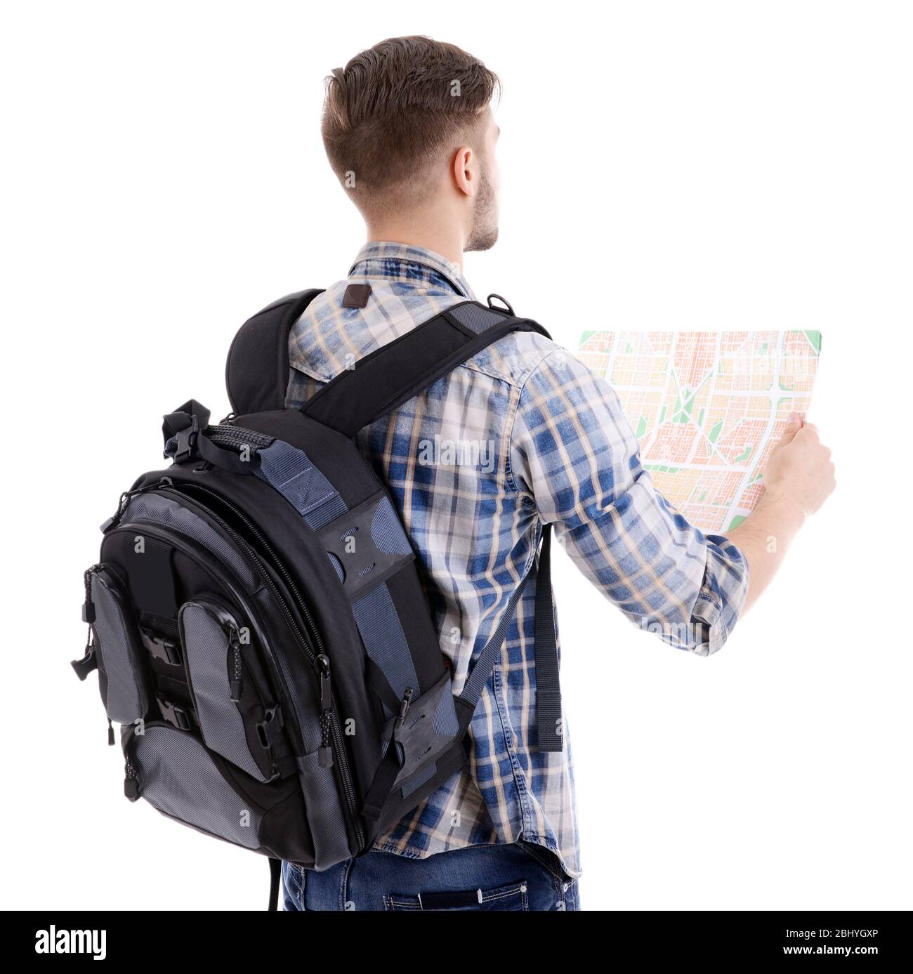 Traveler with world map isolated on white Stock Photo - Alamy