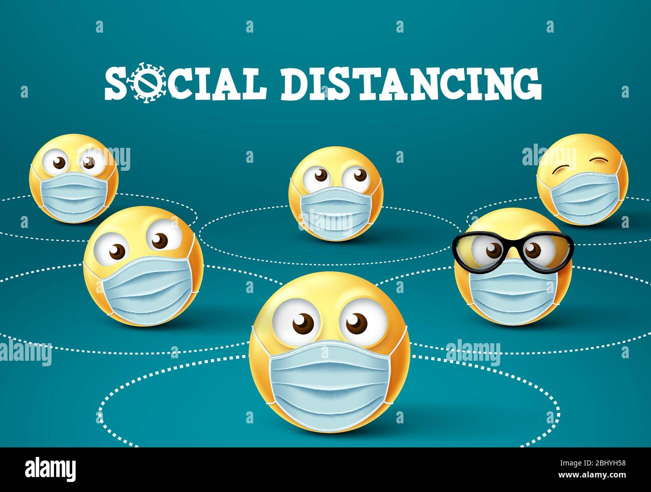 Smiley emoticon social distancing with face mask vector sign. Social ...