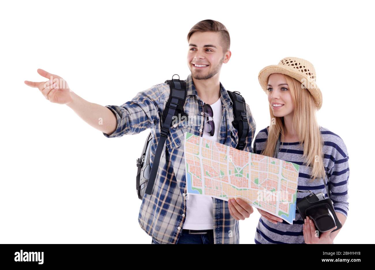 Pair of travelers with map isolated on white Stock Photo - Alamy