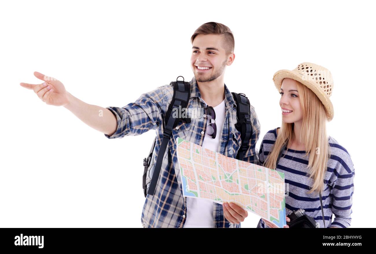 Pair of travelers with map isolated on white Stock Photo - Alamy