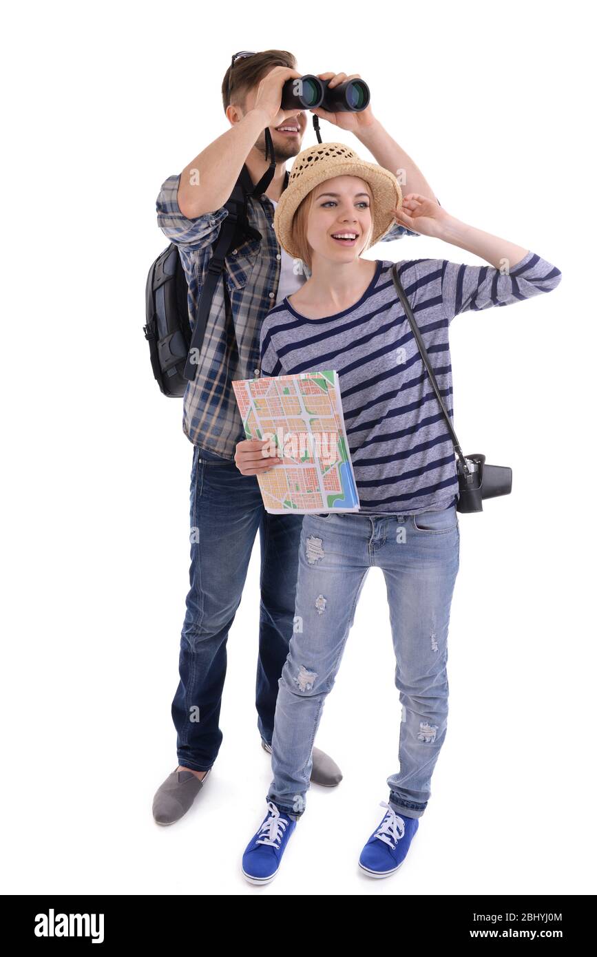 Pair of travelers with map isolated on white Stock Photo - Alamy
