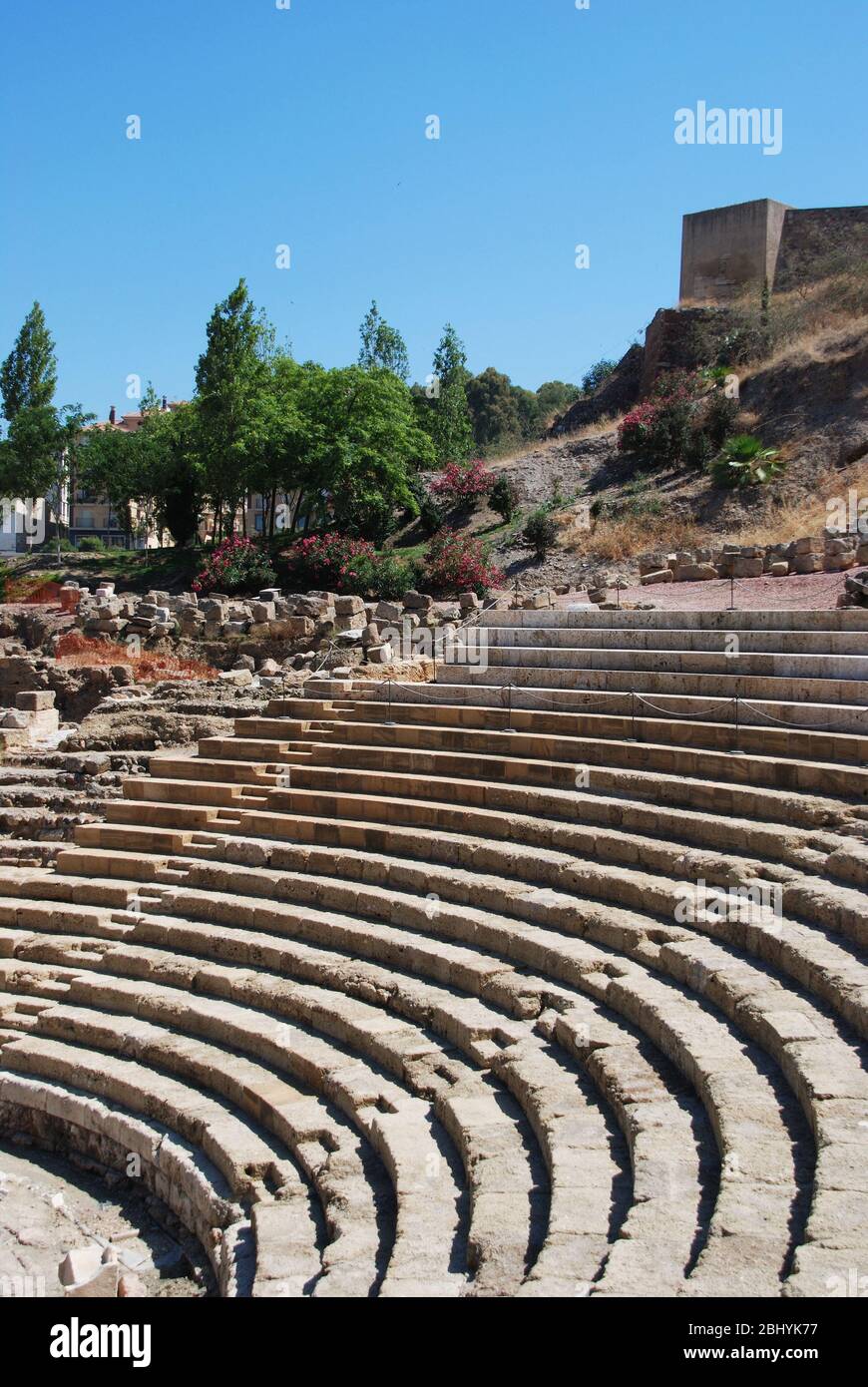 View of the Roman Amphitheatre in the city centre, Malaga, Malaga ...
