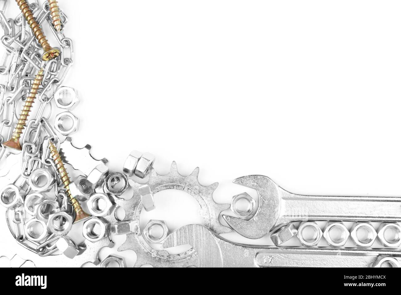 Screw nuts and wrenches frame, isolated on white Stock Photo - Alamy