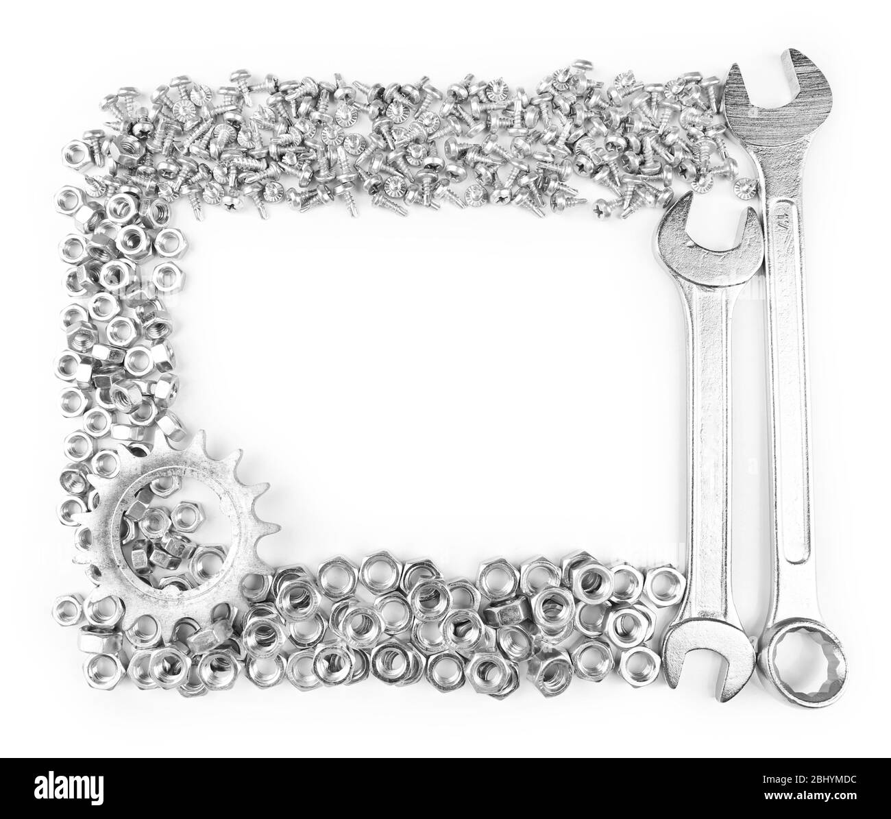 Screw nuts and wrenches frame, isolated on white Stock Photo - Alamy