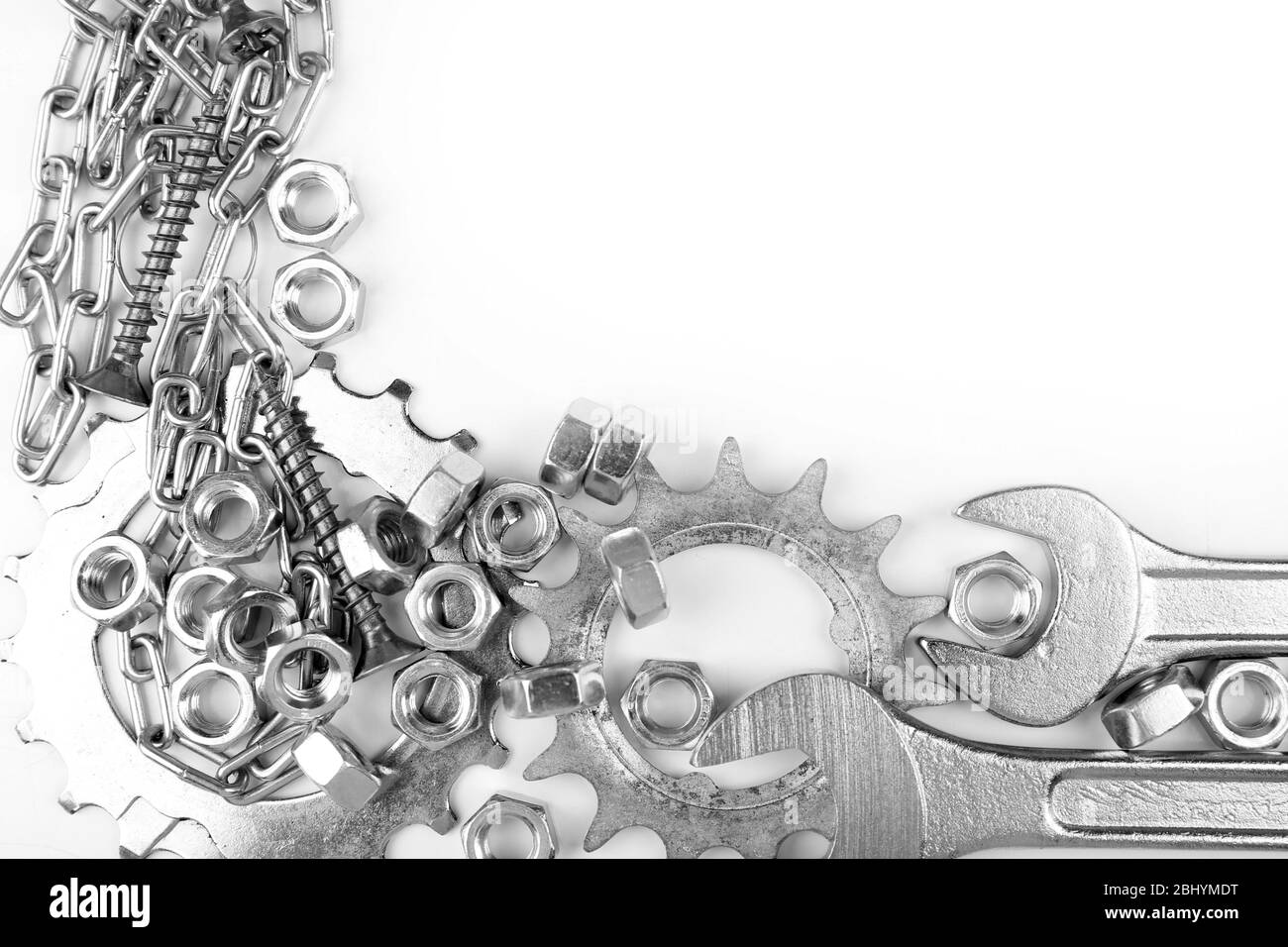 Screw nuts and wrenches frame, isolated on white Stock Photo - Alamy