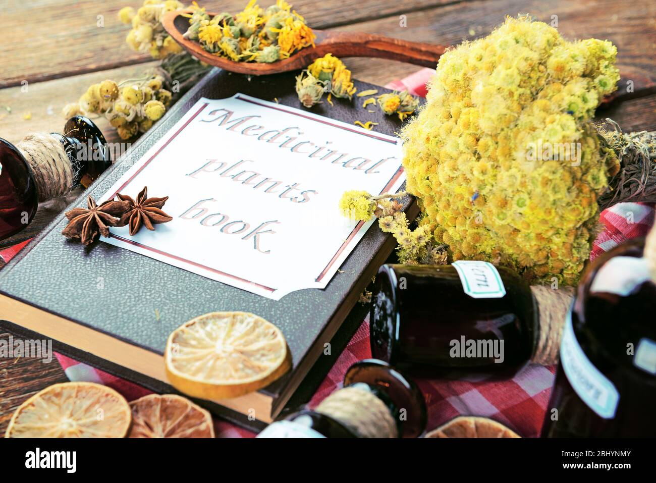 Medicinal plants book with dried herbs and bottles on table close up ...