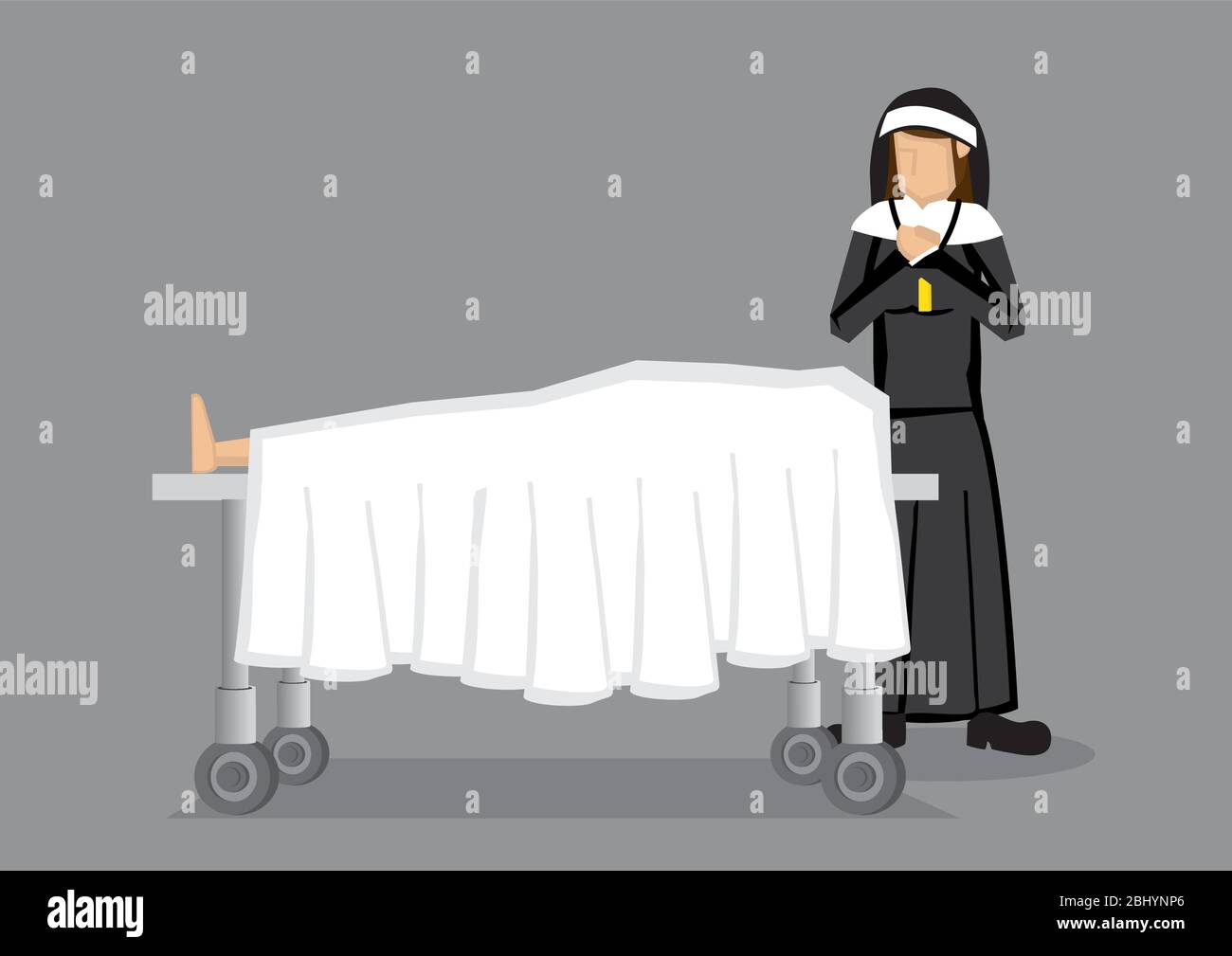 Sister nun in black religious habit standing and saying prayers by a ...